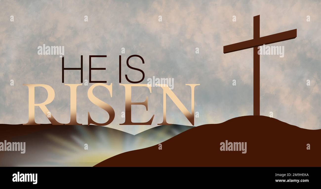 Resurrection Concept -One Cross In The Distance At Sunrise with text HE ...