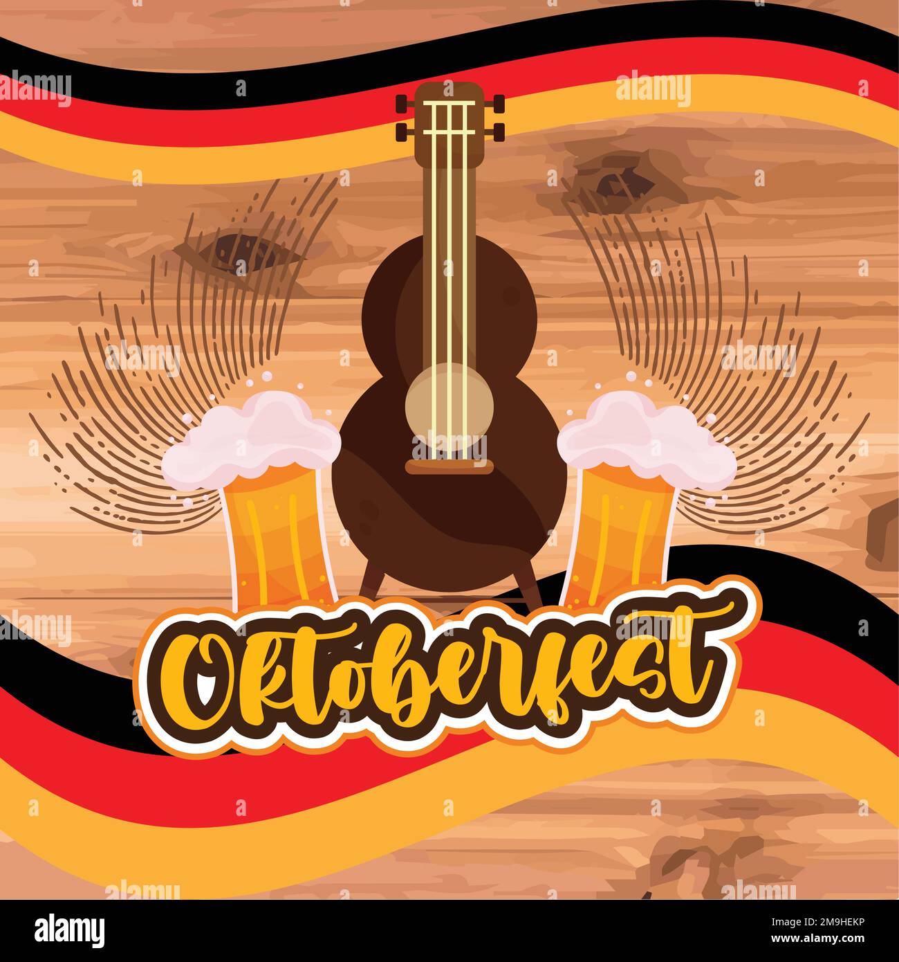 Pair of beer glasses and a guitar Oktoberfest poster Vector Stock ...