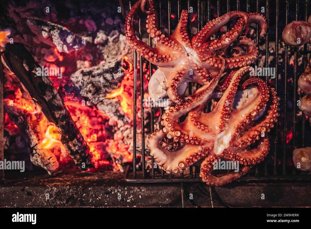 Summer barbecue with octopus in the camping in Puglia Stock Photo - Alamy