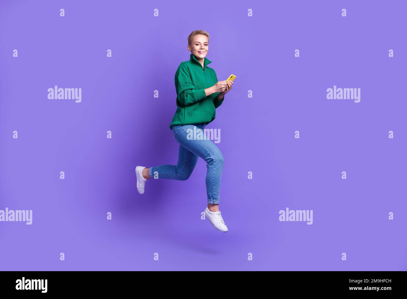 Full length profile portrait of carefree crazy person jump rush hurry ...