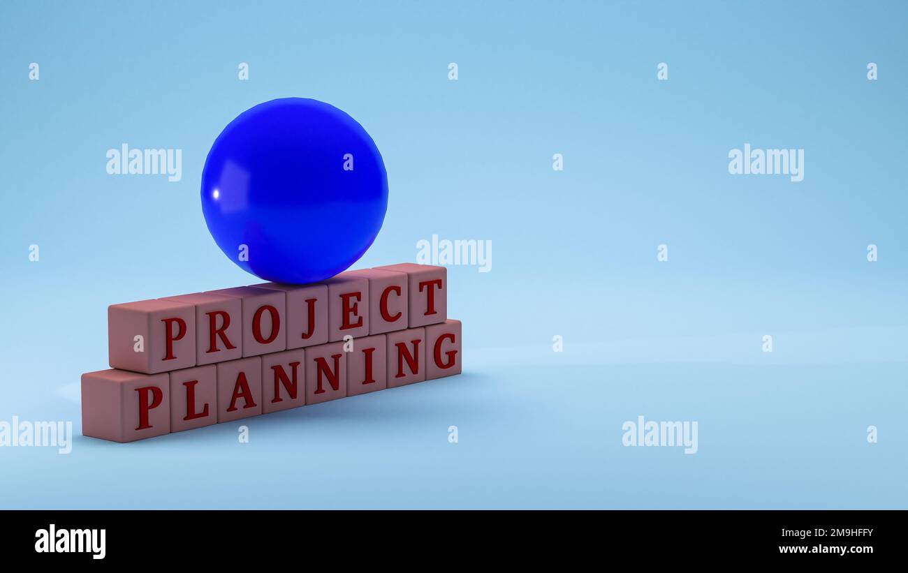 Blue sphere on red cubes with project planning text 3d illustration ...