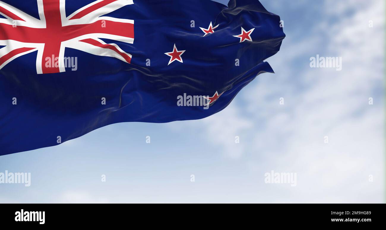 New Zealand national flag waving on a clear day. Blue Ensign with Union ...