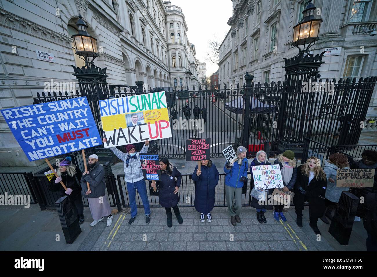 Protesters outside Downing Street, London, during the nurses strike ...