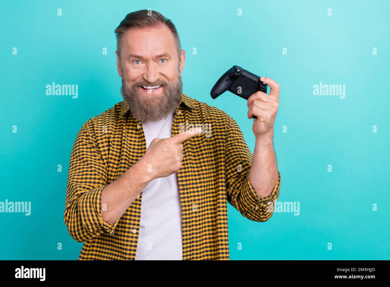 Photo of addicted gamer mature age grey hair man trendy shirt direct ...