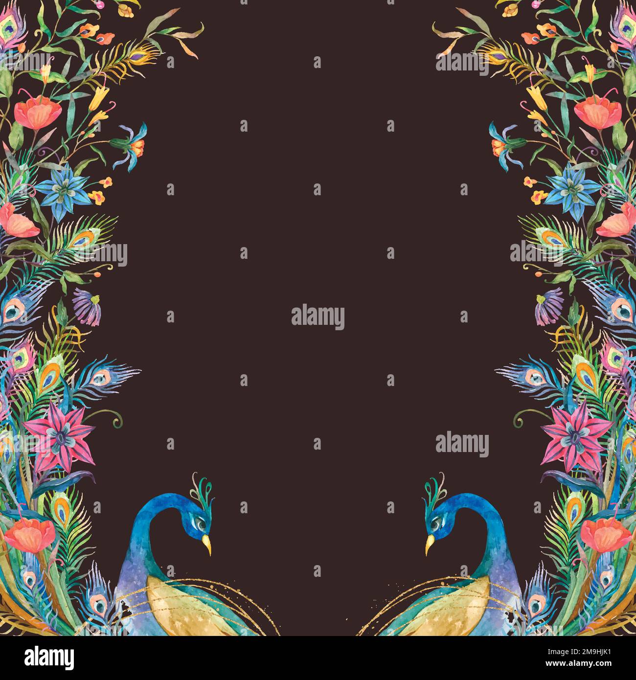 Peacocks frame vector with watercolor flowers on black background Stock ...