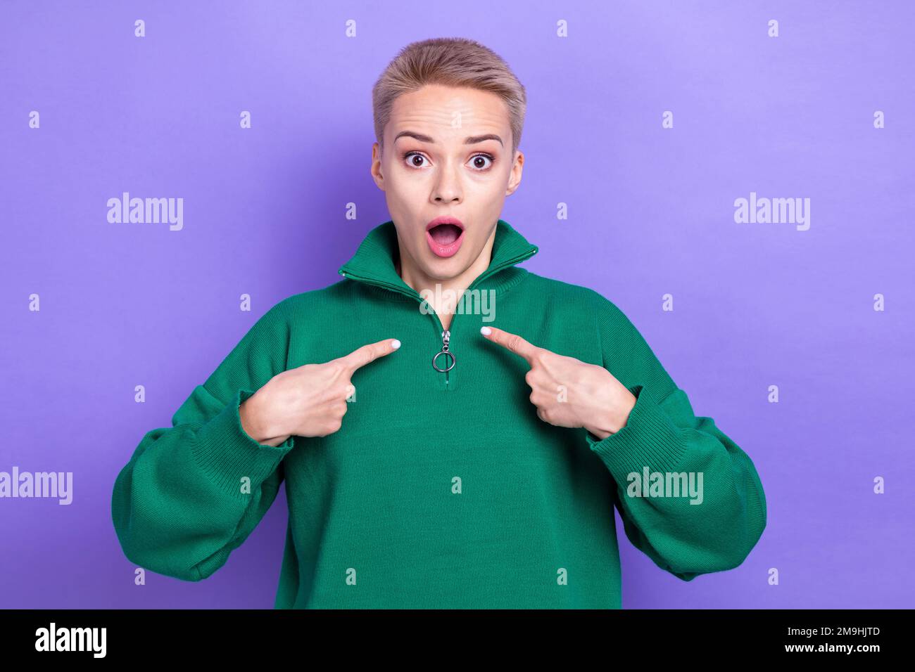 Portrait of impressed crazy person open mouth staring point fingers ...