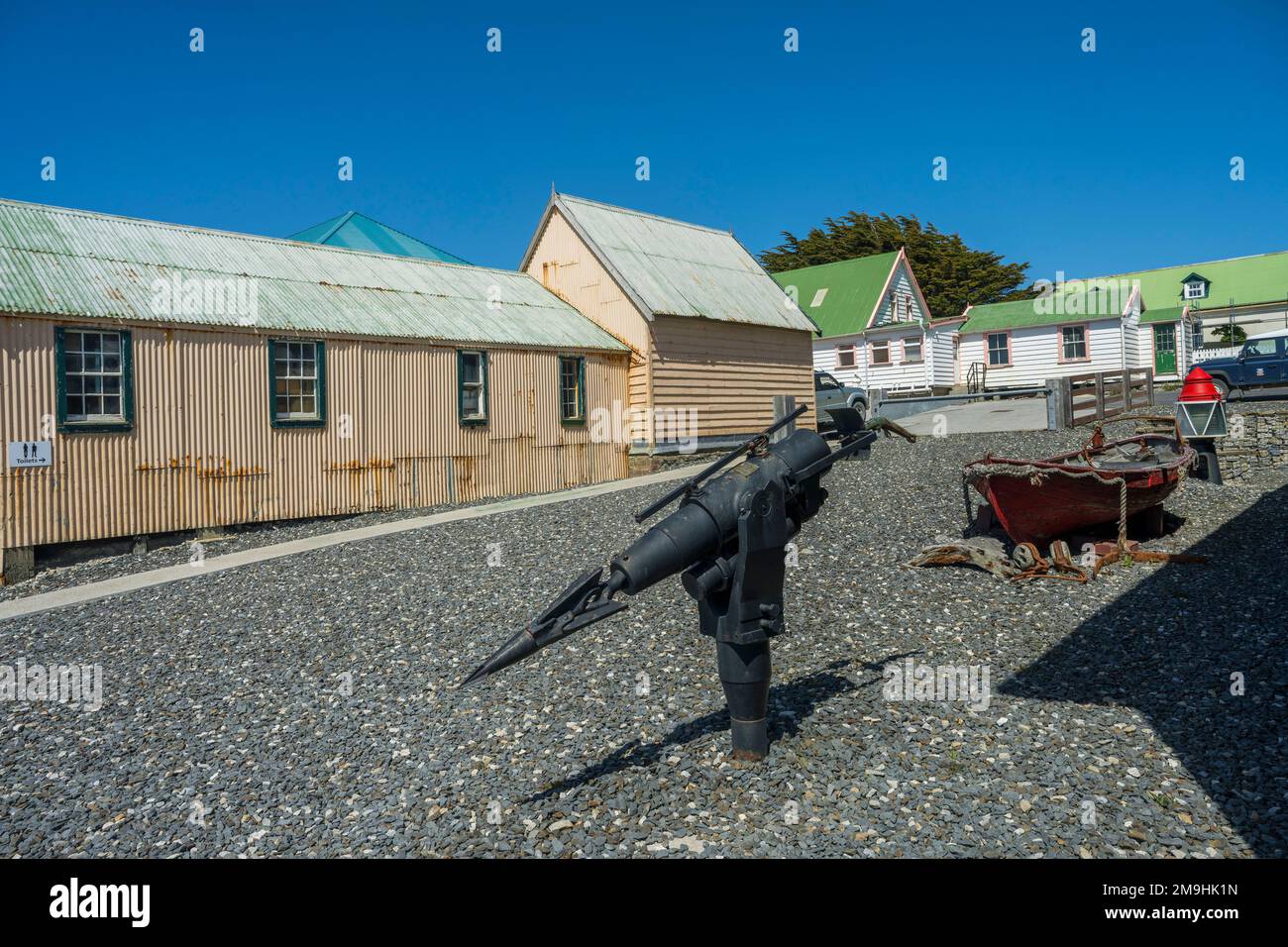 A whaling harpoon in front of the Falkland Island Museum in Port ...