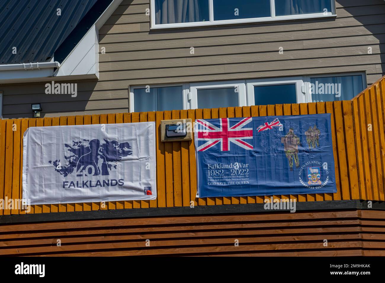 A street scene with flags in Port Stanley commemorating the 40-year ...