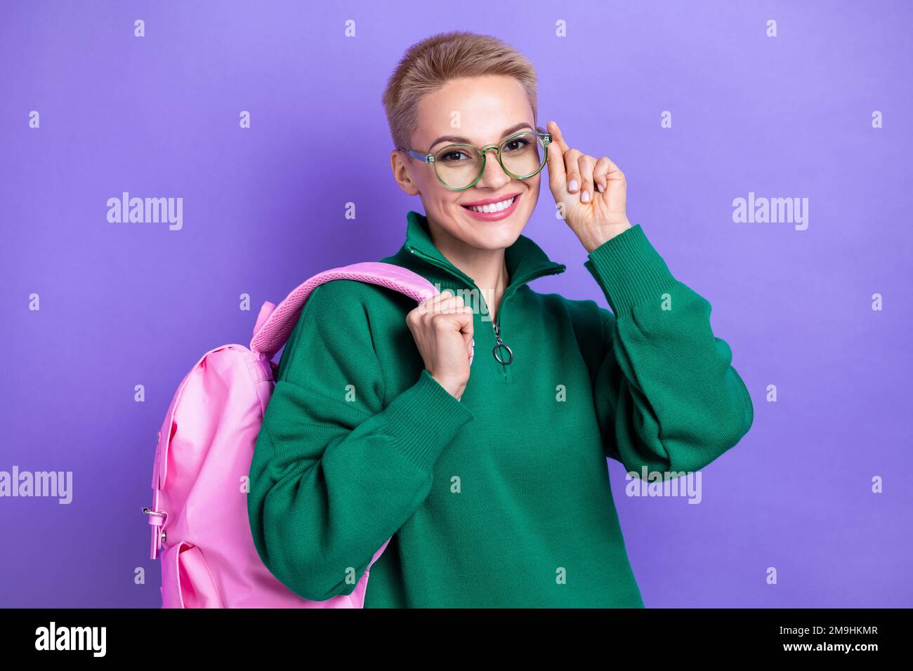 Photo of pretty cheerful girl hand touch eyeglasses toothy smile ...