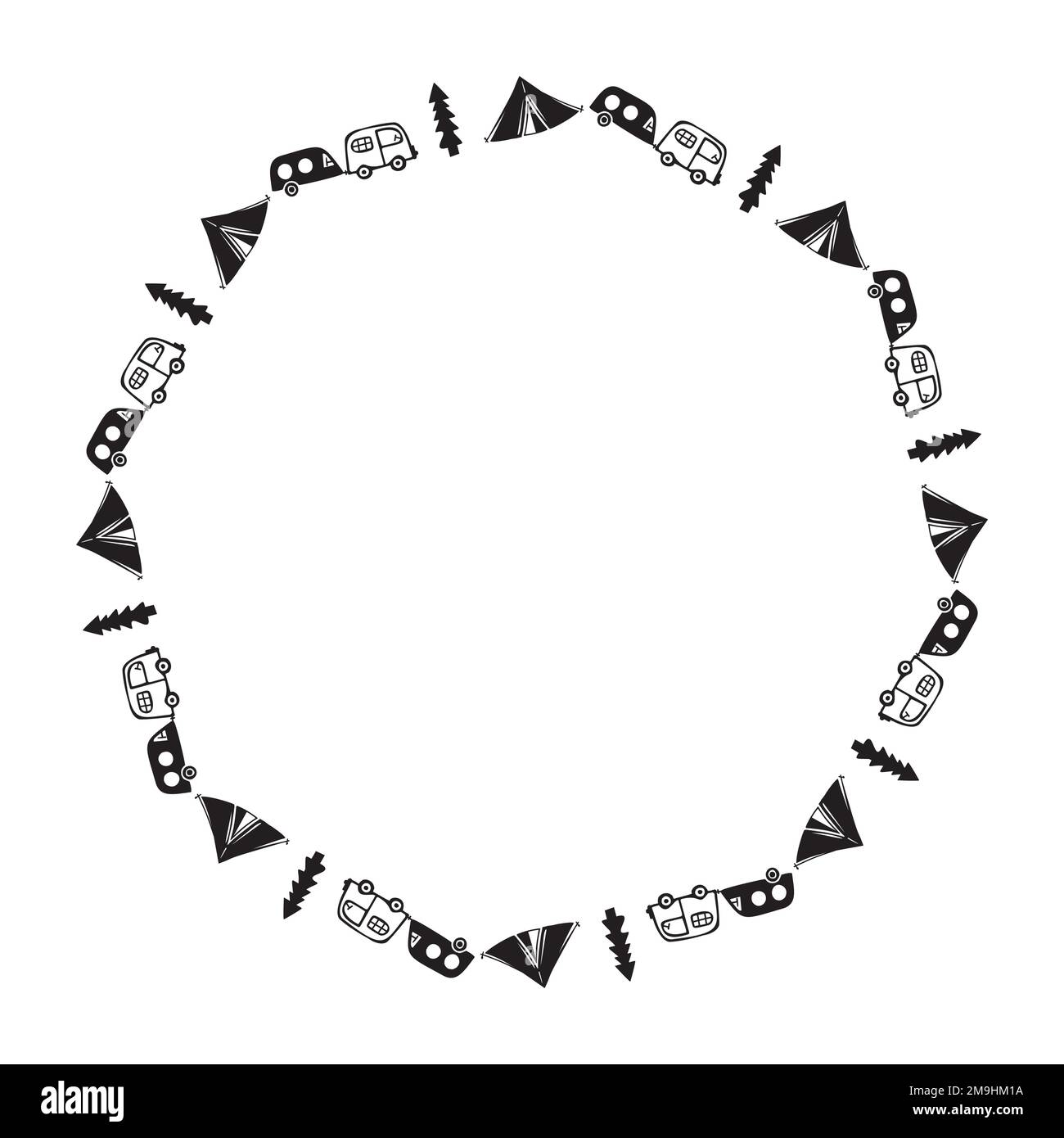 Campervan graphic frame. Folk art travel caravan vector border Stock ...