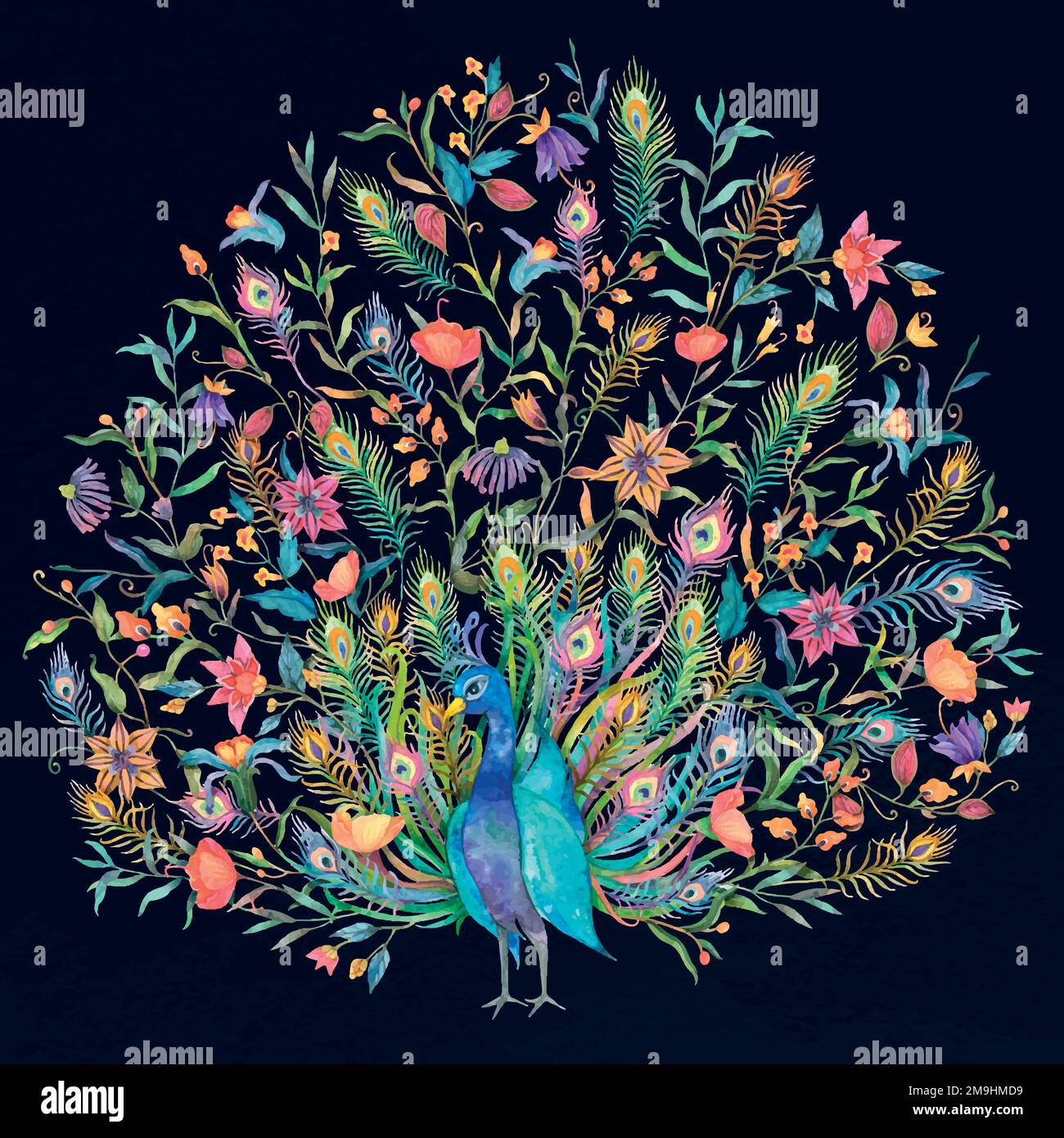 Watercolor Peacock Vector Spreading Its Tails Illustration Stock Vector