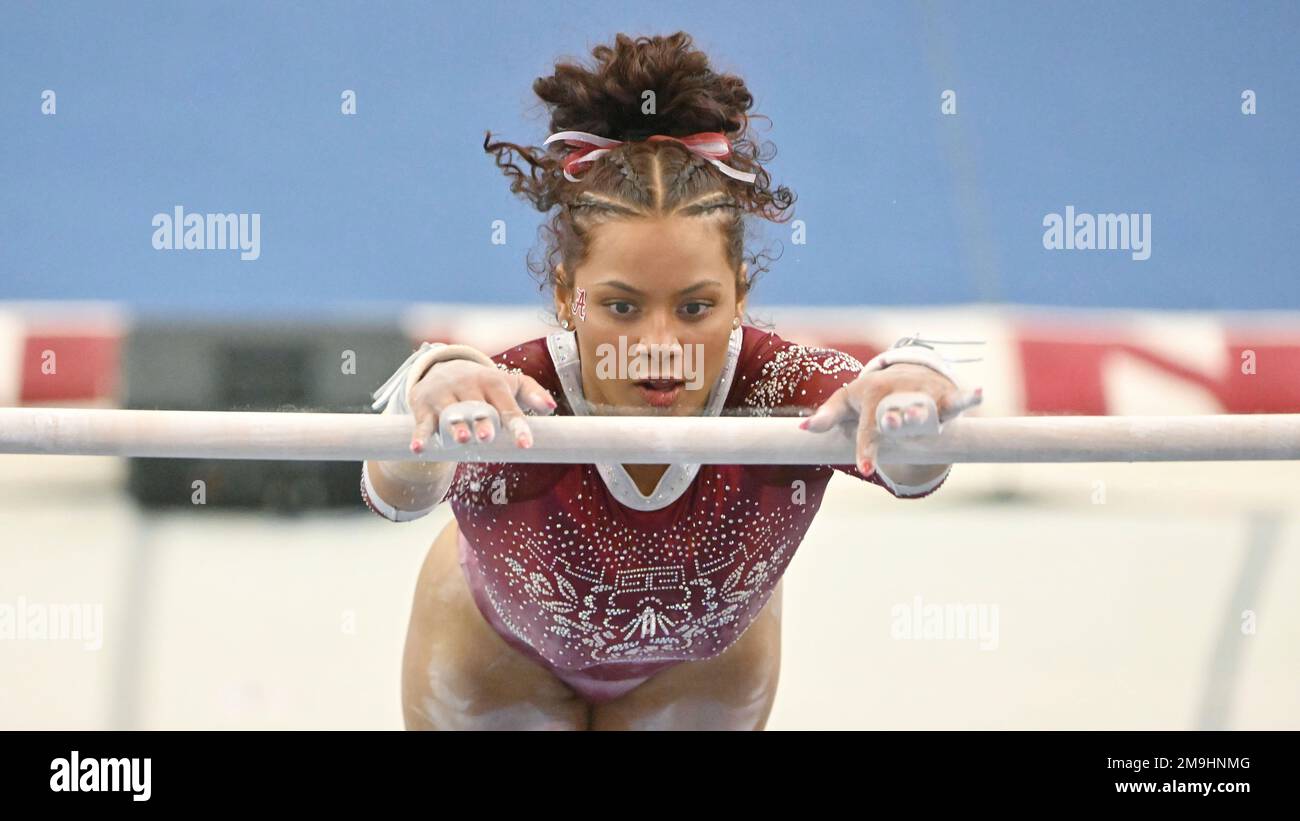 Alabama gymnast Makarri Doggette competes on the bars against Arkansas ...