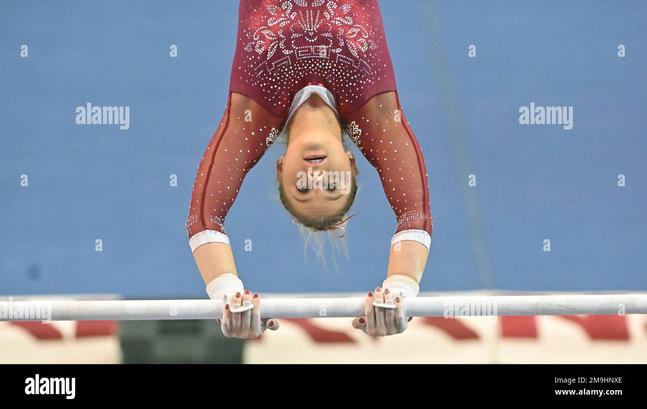 Alabama gymnast Mati Waligora competes on the bars against Arkansas ...