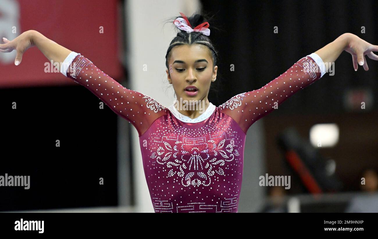 Alabama gymnast Luisa Blanco competes on the beam against Arkansas ...