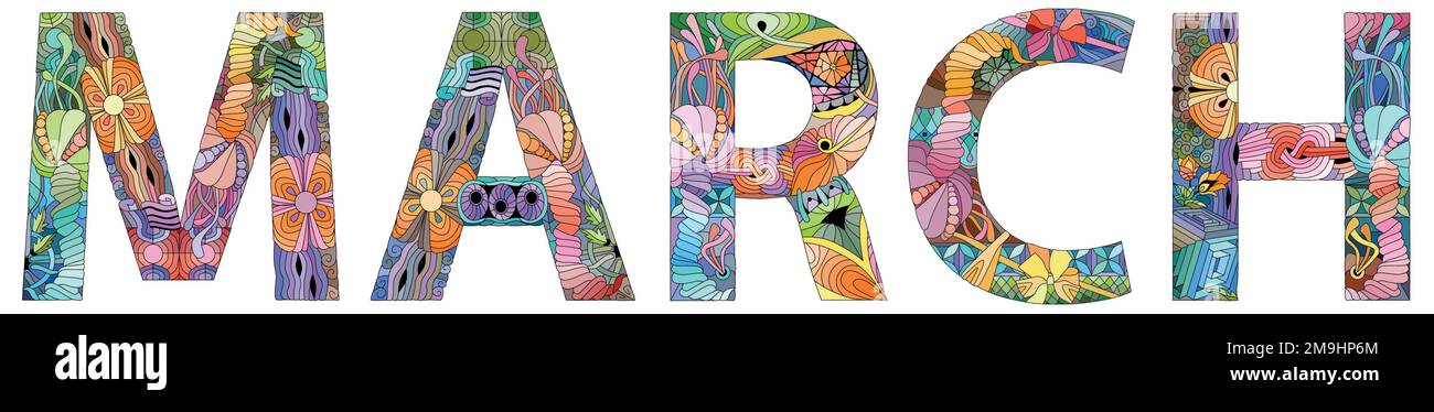 Hand-painted art design. Hand drawn illustration word MARCH for t-shirt ...