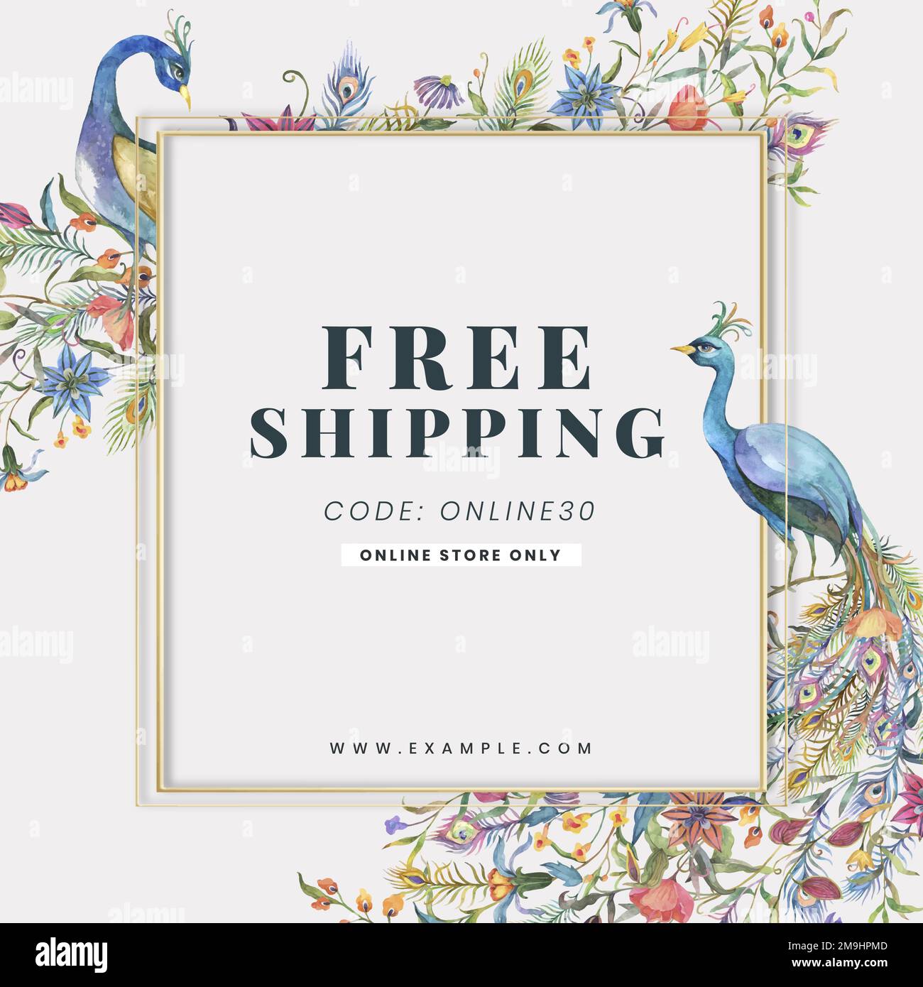 Editable shop ad template vector with watercolor peacocks and flowers ...