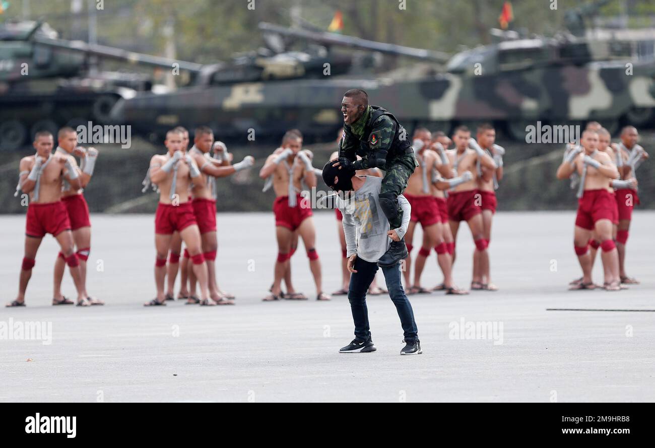 Saraburi, Thailand. 18th Jan, 2023. Members of the Thai army perform in ...