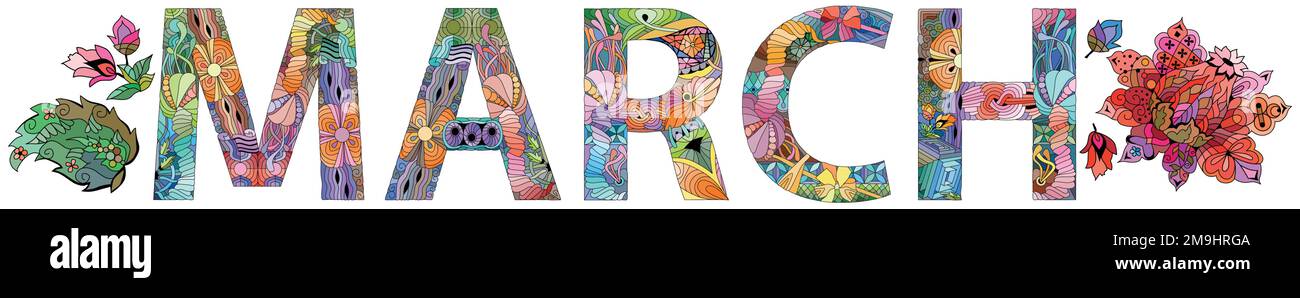 Hand-painted art design. Hand drawn illustration word MARCH for t-shirt ...