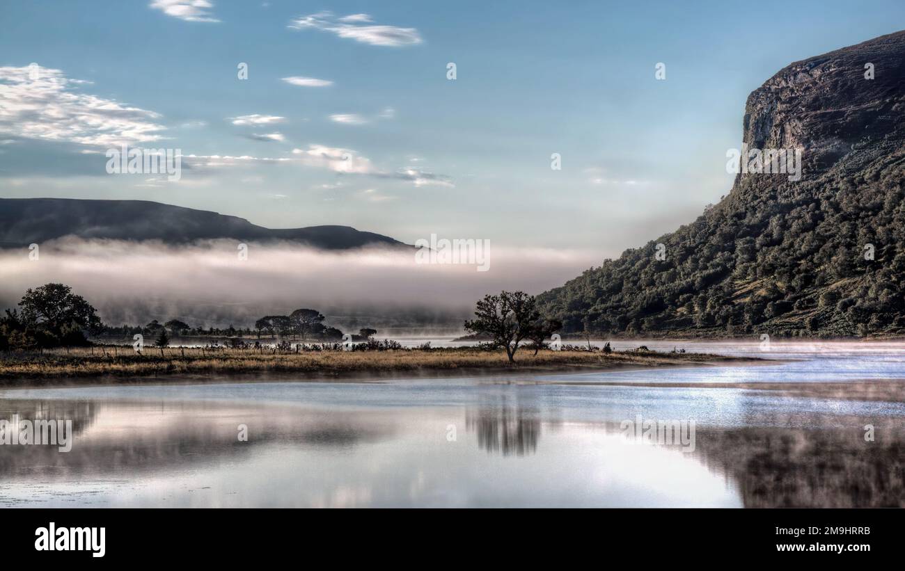 Early morning mists over Loch Brora in the Highlands Stock Photo - Alamy