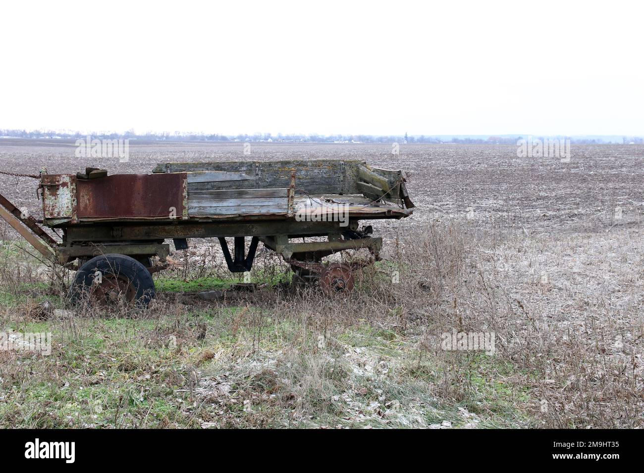Old broken tractor trailer. Abandoned agricultural equipment Stock ...