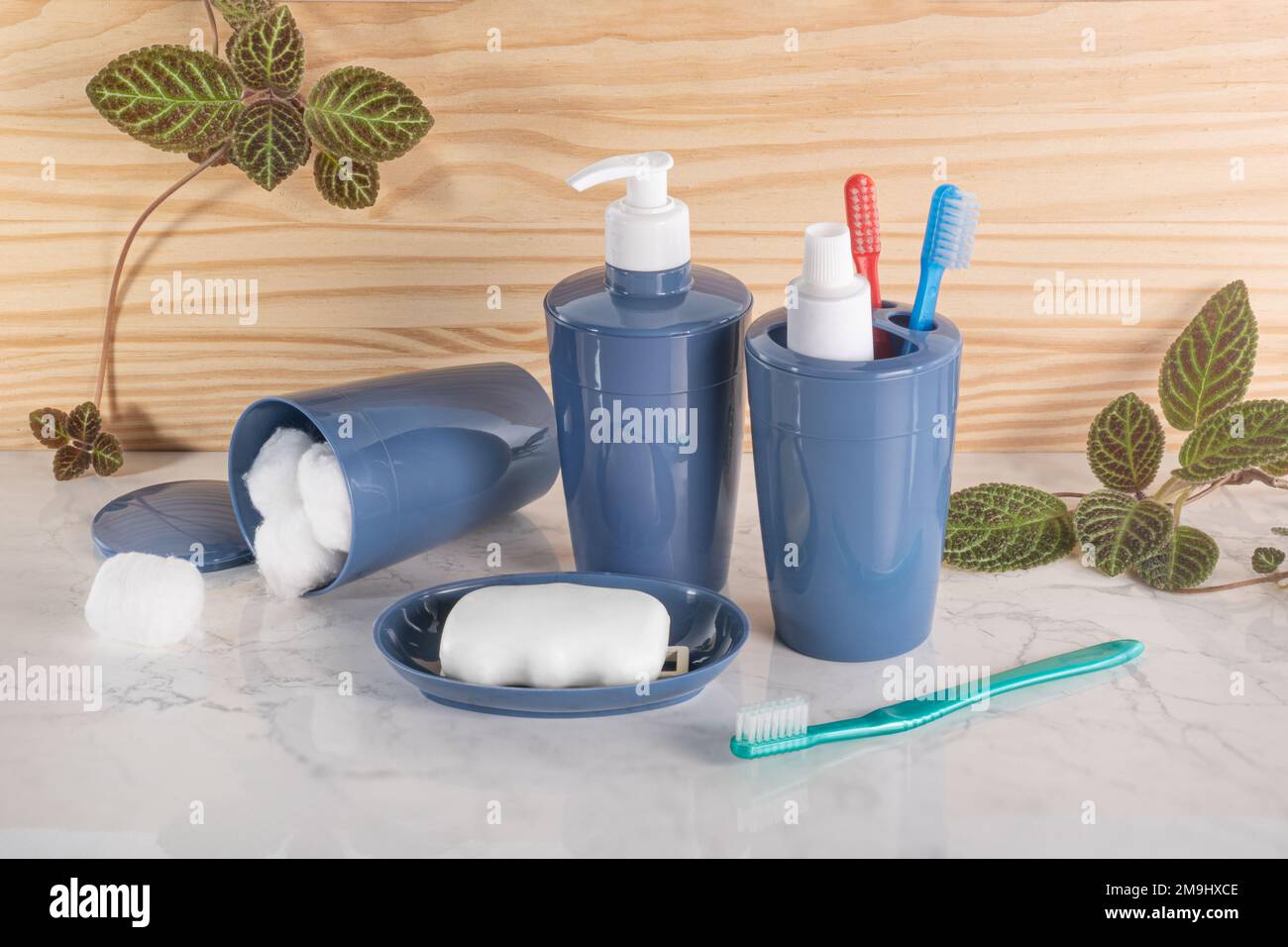 Colorful bathroom hygiene kit. Liquid soap, toothbrush and cotton Stock ...