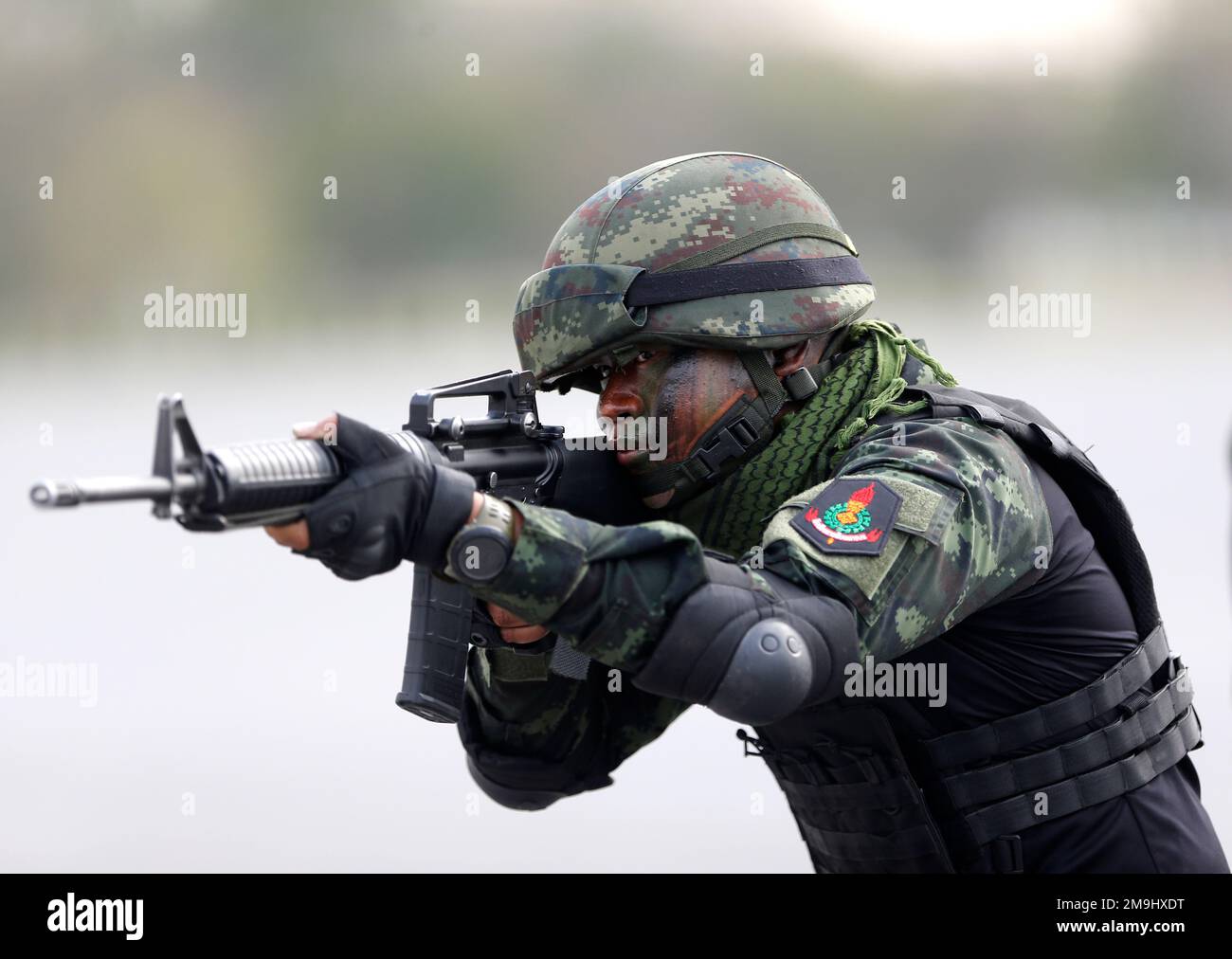 Saraburi, Thailand. 18th Jan, 2023. A member of the Thai army performs ...