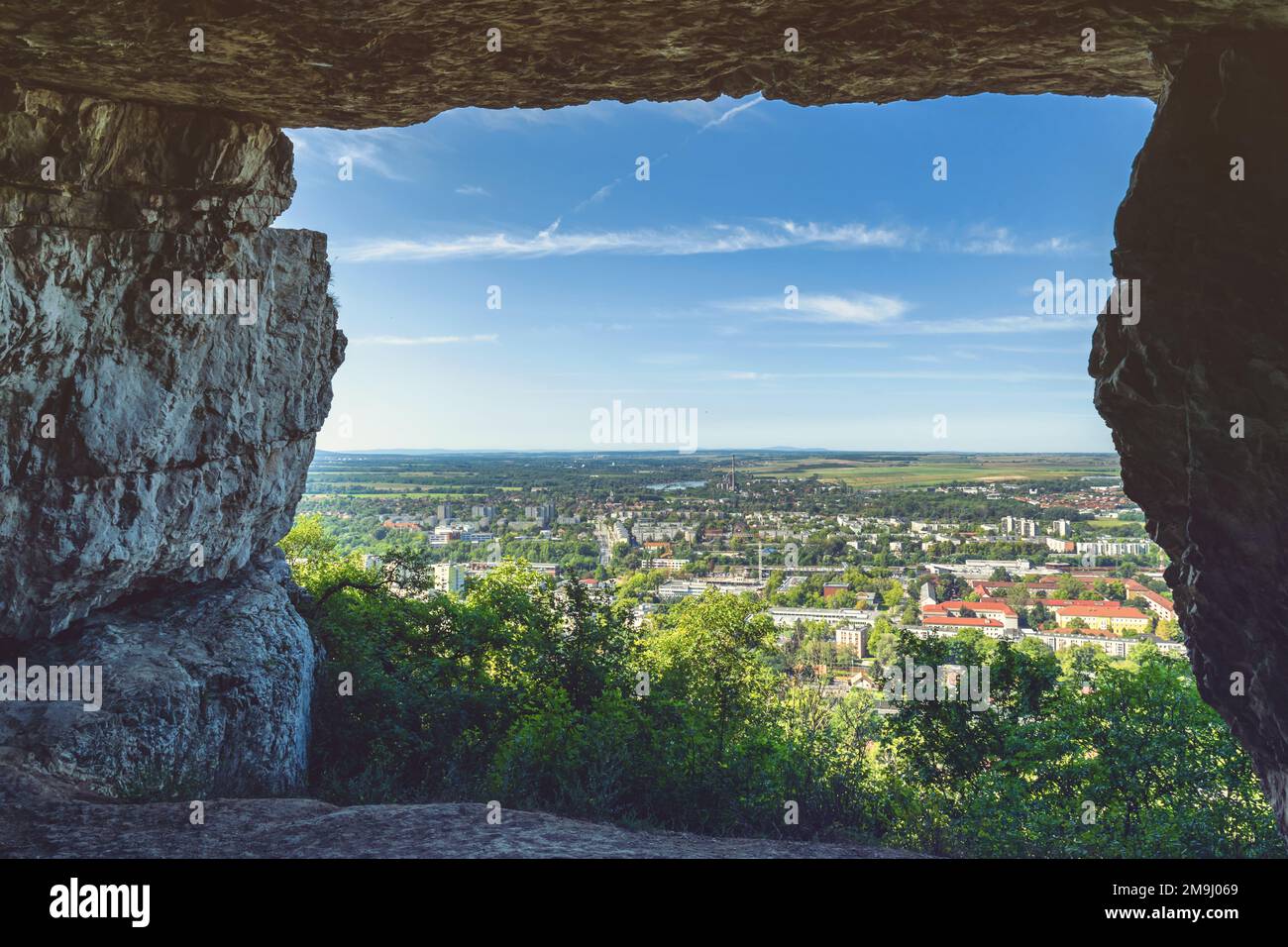 A view of the city of Tatabánya through one of the openings of the ...