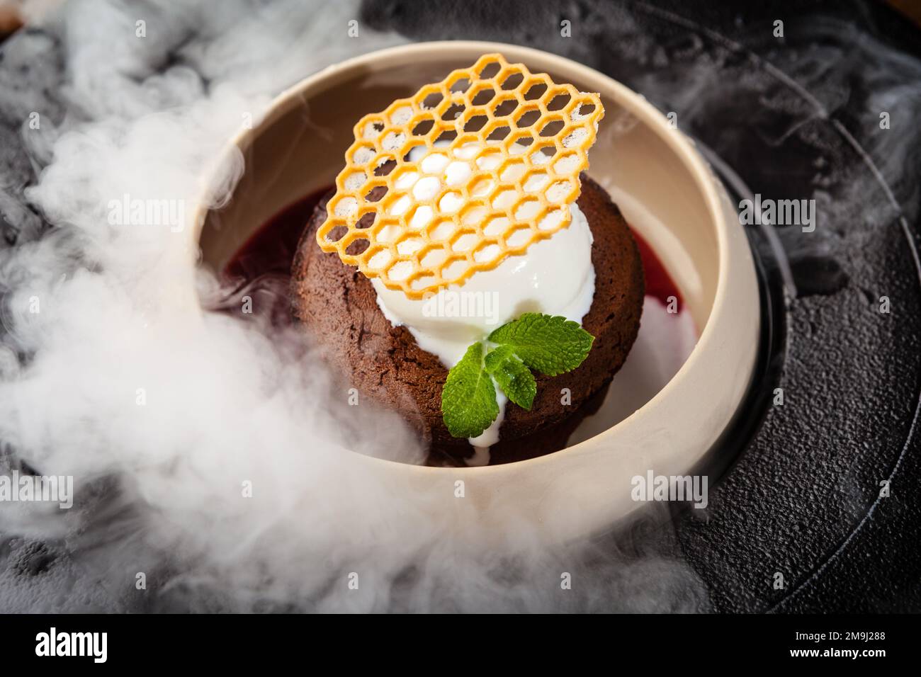 Chocolate fondant. Dark chocolate, raspberry sauce, vanilla ice cream ...