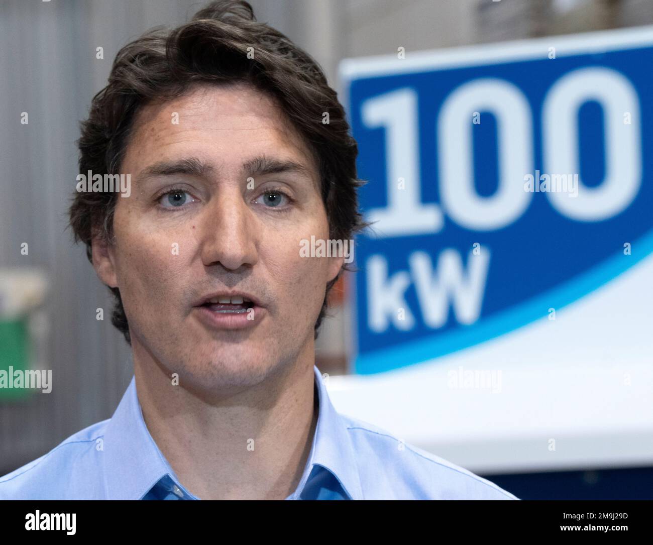 Prime Minister Justin Trudeau speaks to the media after a visit to FLO ...