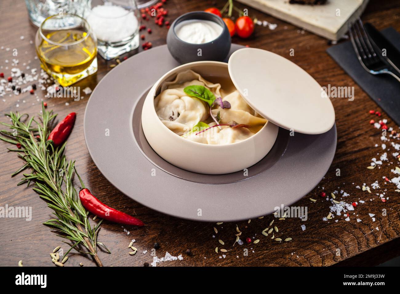 Black Angus beef hand-made dumplings. Cucumber-julienne with chilli ...