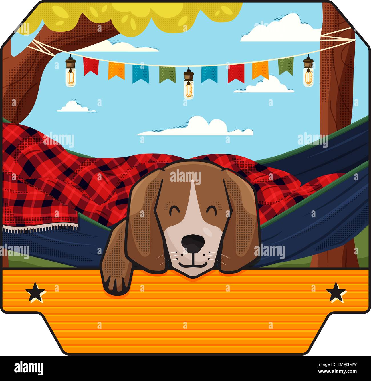 Camping Adventure badge design with dog sleeping outdoor. Travel logo ...