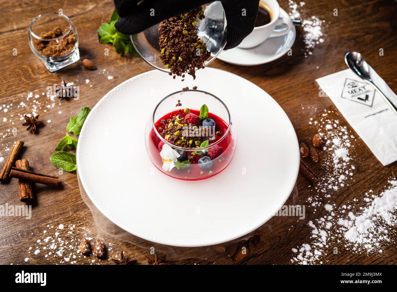 Raspberry-pistachio paradise island. Pistachio cream, raspberry panna ...