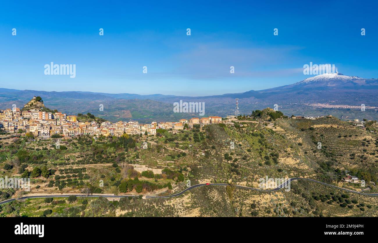 Panoramic view of Mount Etna from the village of Centuripe, Sicily ...