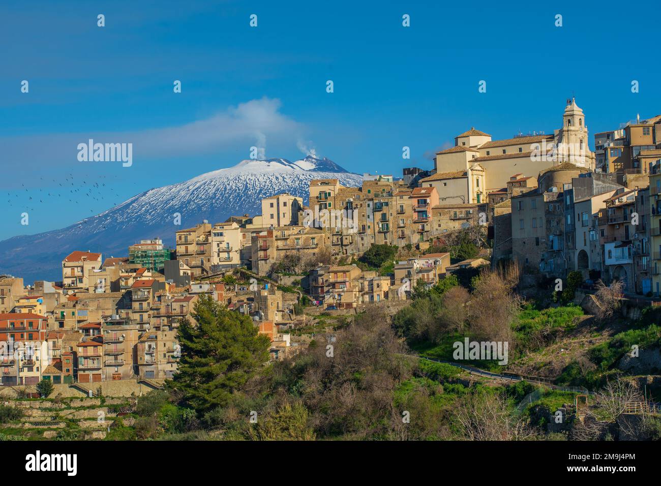 Panoramic view of Mount Etna from the village of Centuripe, Sicily ...