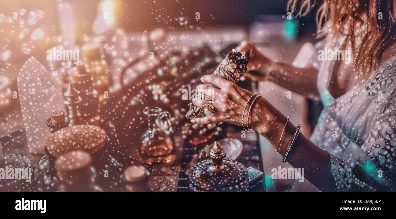 incense in a woman hand, ceremony space. magic light effect Stock Photo ...