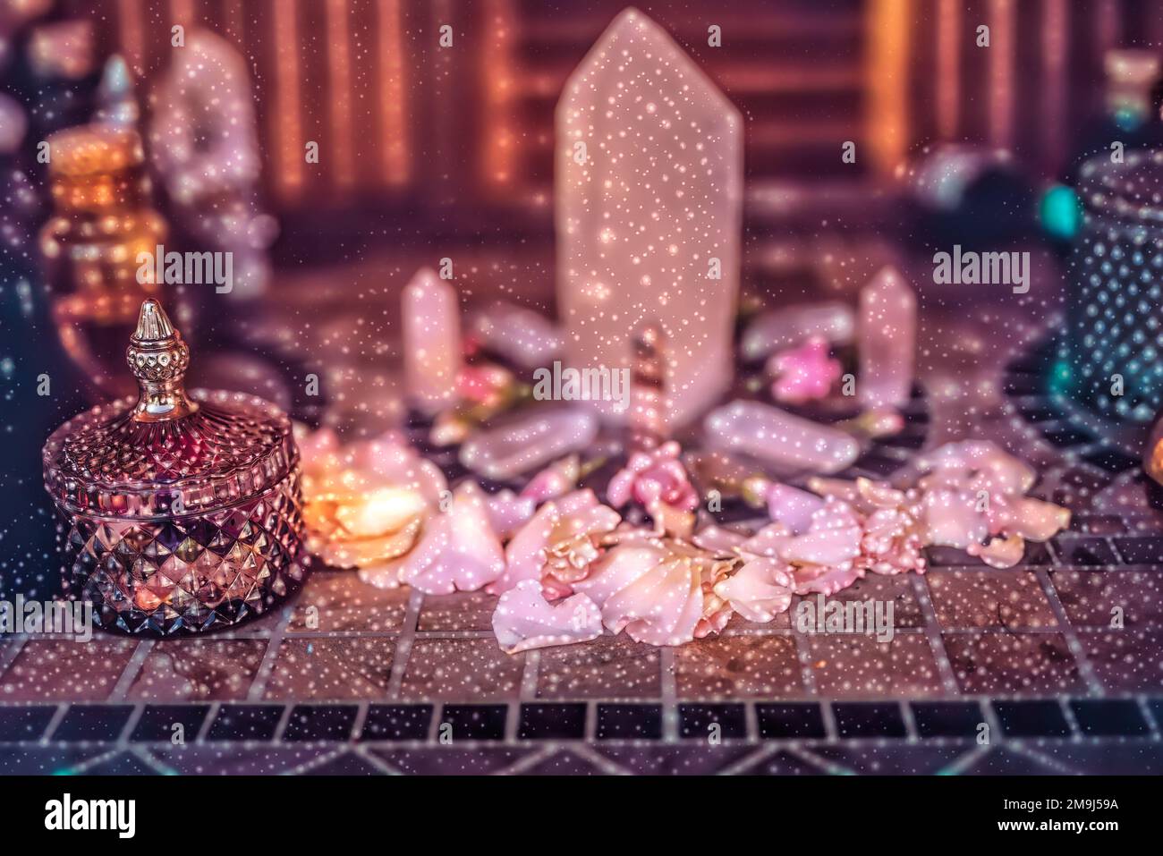 beautiful altar with crystals and rose flowers. magic light effect ...