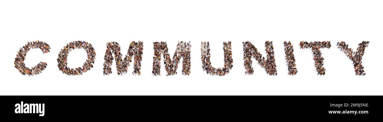 Conceptual large community of people forming COMMUNITY word. 3d ...