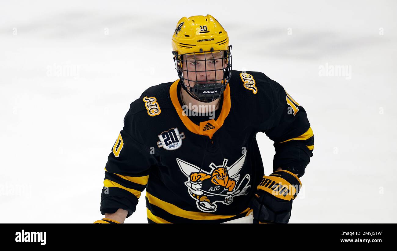 American International's forward Dustin Manz (10) skates against the ...