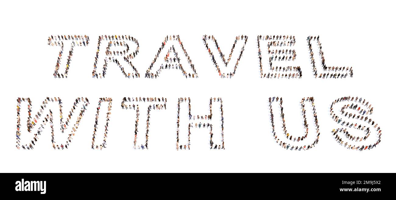 Conceptual large community of people forming TRAVEL word. 3d ...