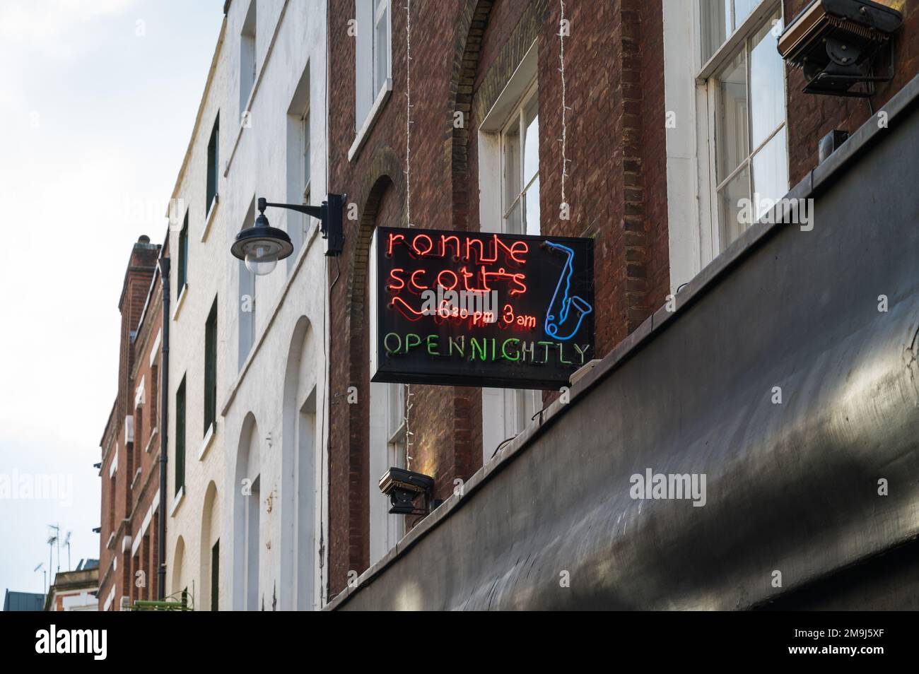 Neon sign above the front facade of Ronnie Scott's jazz club on Frith ...