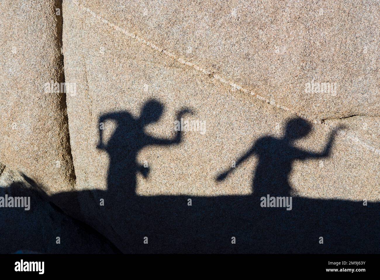 children playing with shadows on a rock in Joshua Tree National park ...