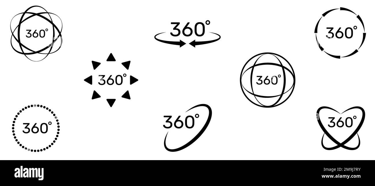 360 degree icon set. Symbol with arrow to indicate the rotation, virtual reality or panoramas to ...