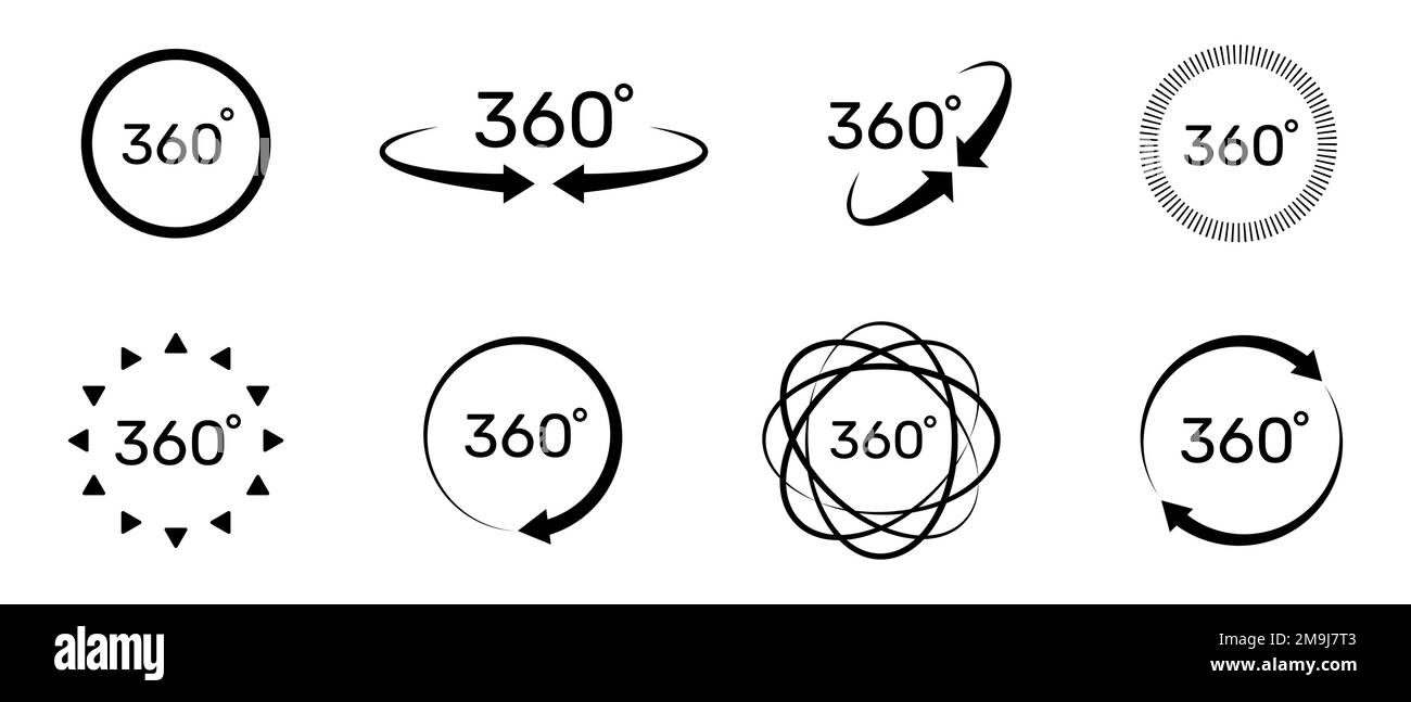360 degree icon set. Symbol with arrow to indicate the rotation, virtual reality or panoramas to ...