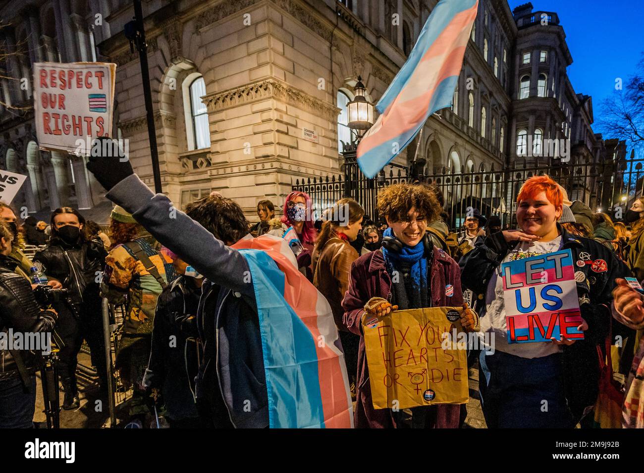 London, UK. 18th Jan, 2023. A Trans Pride protest outside Downing ...