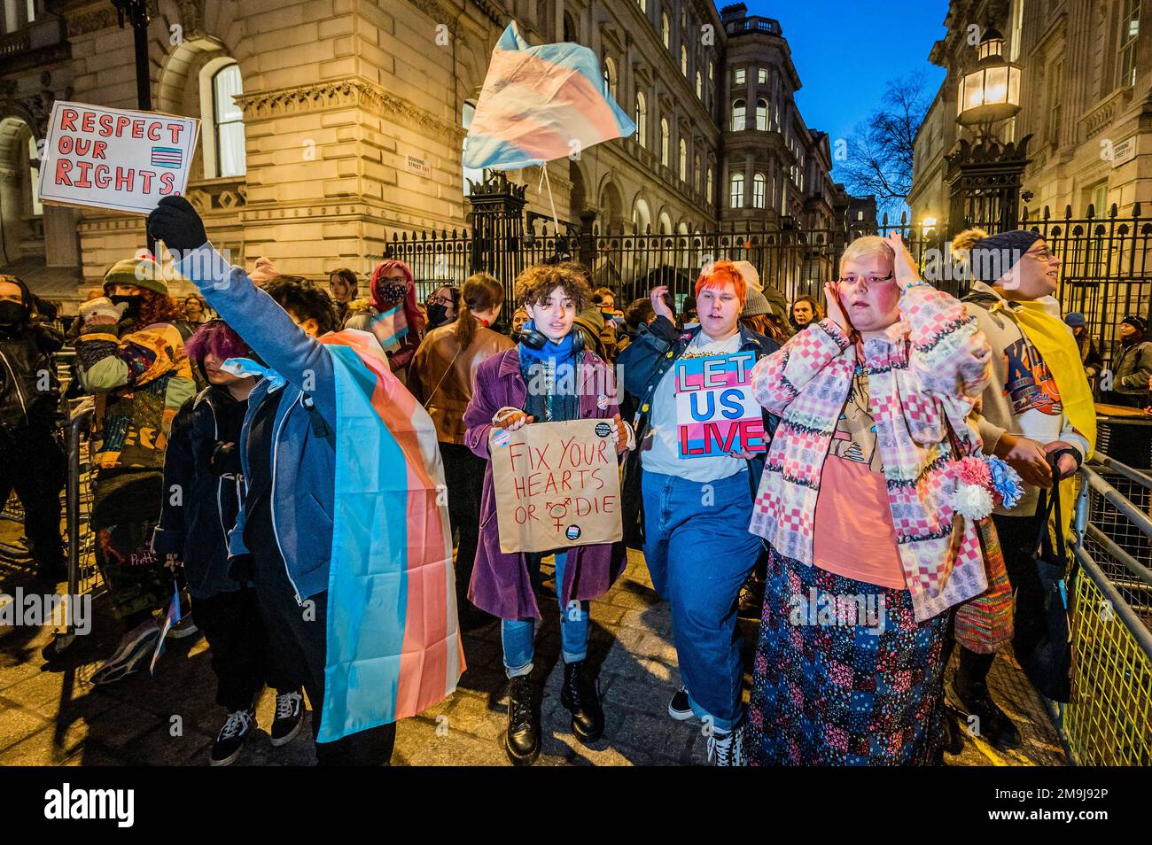 London, UK. 18th Jan, 2023. A Trans Pride protest outside Downing ...