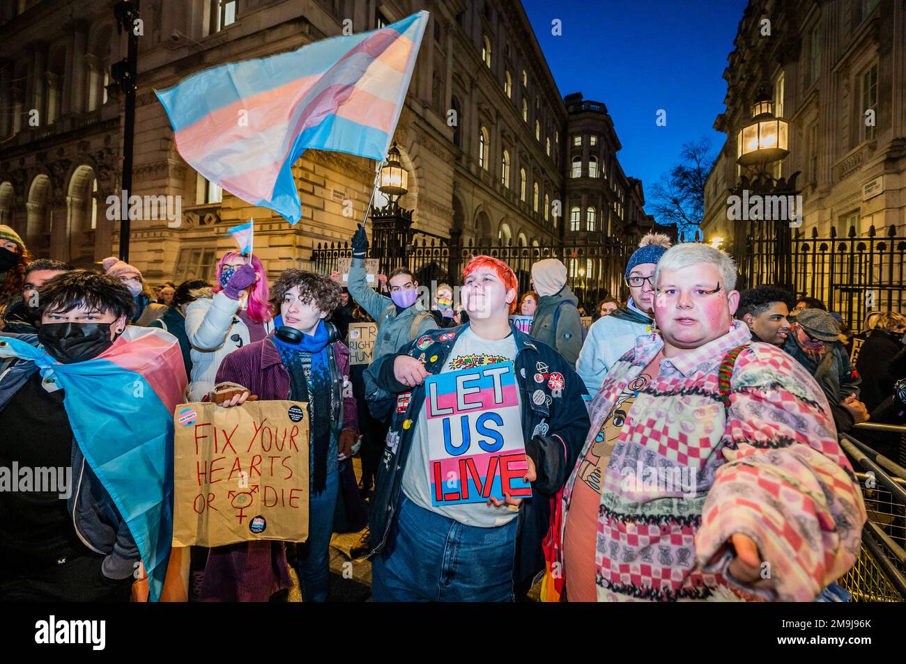London, UK. 18th Jan, 2023. A Trans Pride protest outside Downing ...