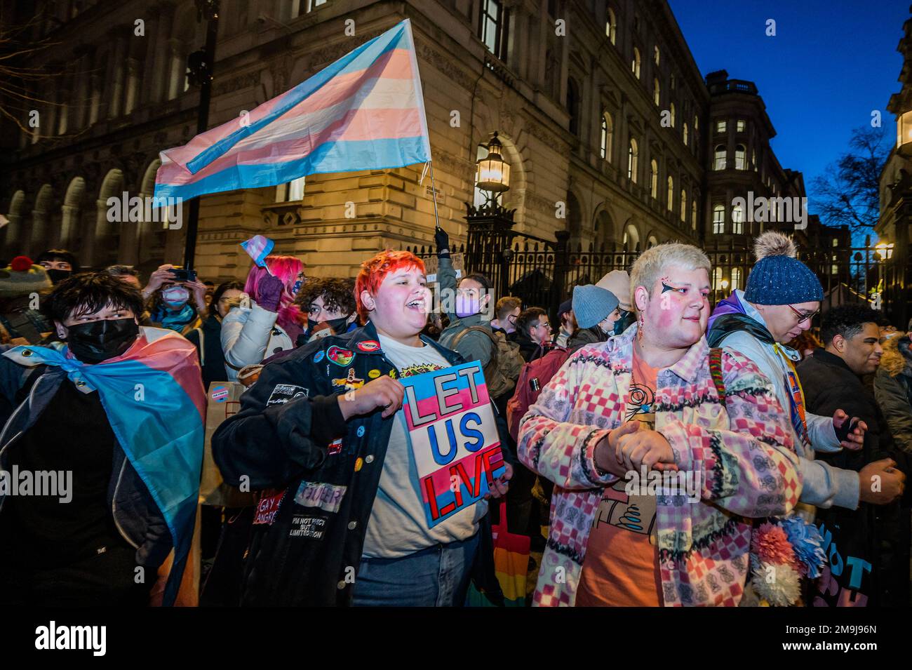 London, UK. 18th Jan, 2023. A Trans Pride protest outside Downing ...