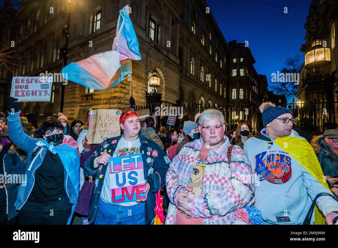 London, UK. 18th Jan, 2023. A Trans Pride protest outside Downing ...