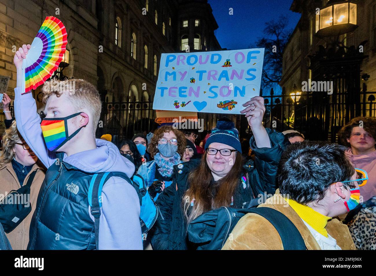 London, UK. 18th Jan, 2023. A Trans Pride protest outside Downing ...