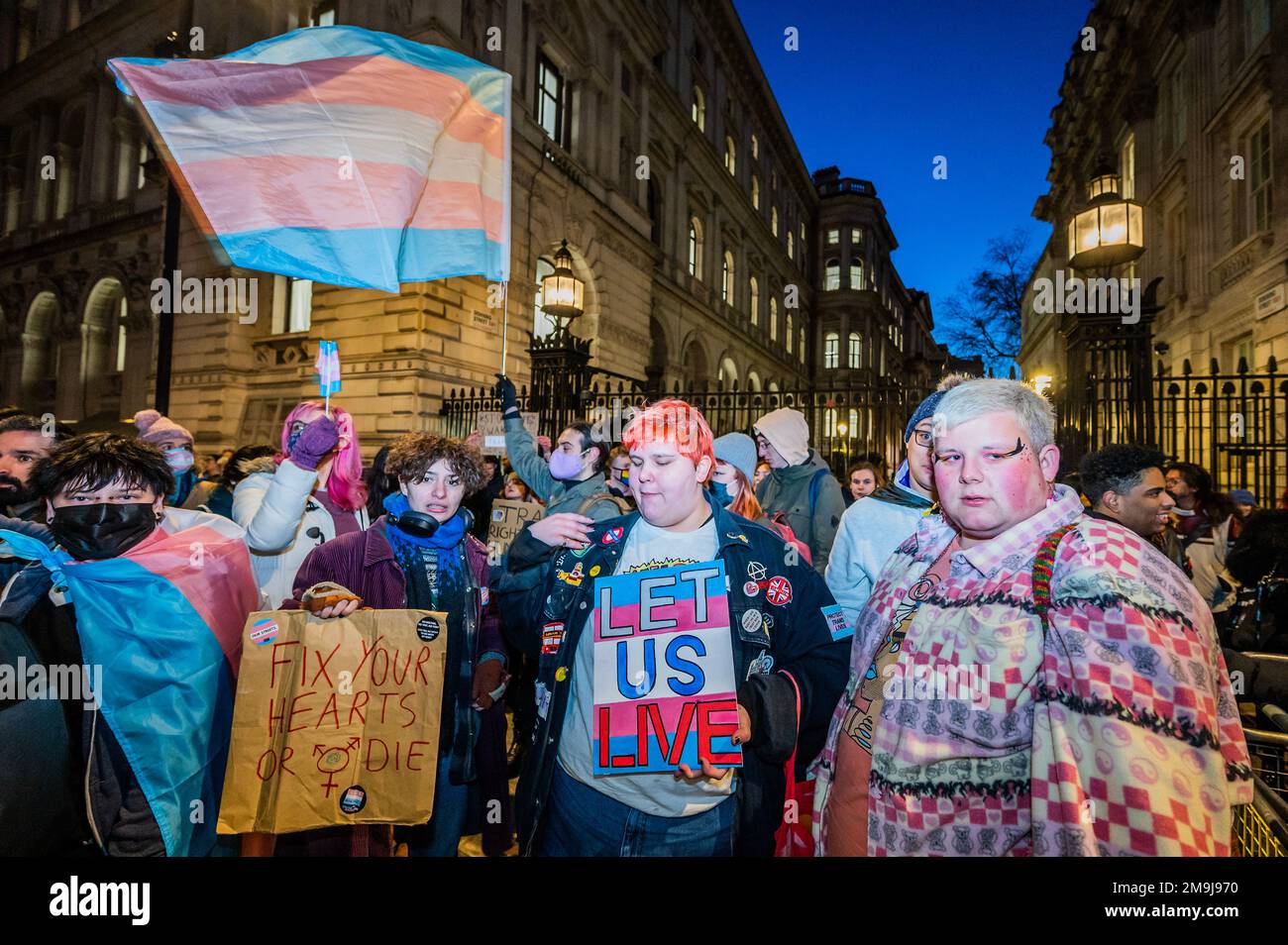 London, UK. 18th Jan, 2023. A Trans Pride protest outside Downing ...